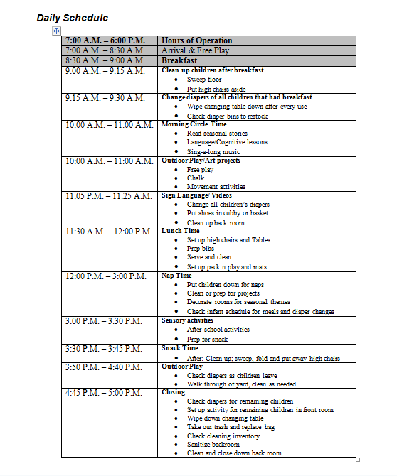 Daily schedule Thriving Childcare